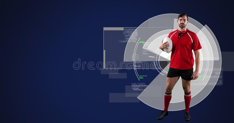 Image of Caucasian Male Rugby Player with Ball Over Digital Data ...