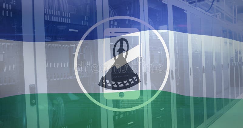 Image of Cellphone in Circle Flag of Lesotho Over Computer Language on ...