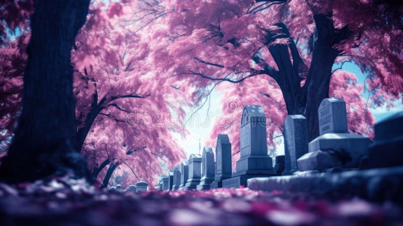 An Image of a Cemetery with Pink Trees, AI Stock Illustration ...