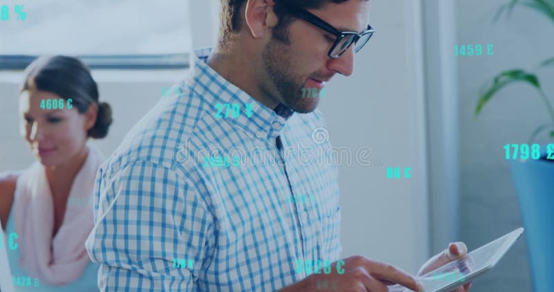 Image of Changing Numbers with Currency Symbols Over Caucasian Man ...