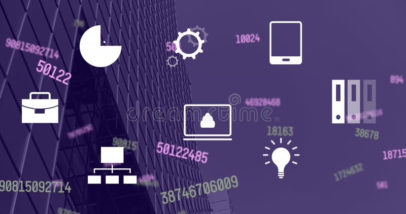 Image of Changing Numbers and Digital Icons Against Low Angle View of ...