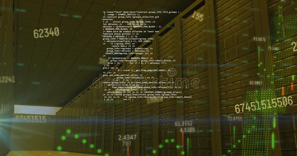 Image of Changing Numbers, Graphs, Computer Language Over Data Server Room Stock Photo - Image ...