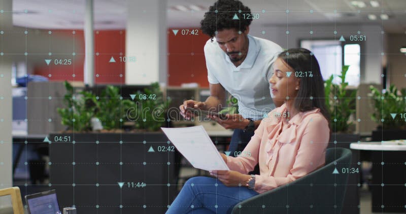 Image of Changing Numbers and Icons Over Diverse Coworkers Discussing ...