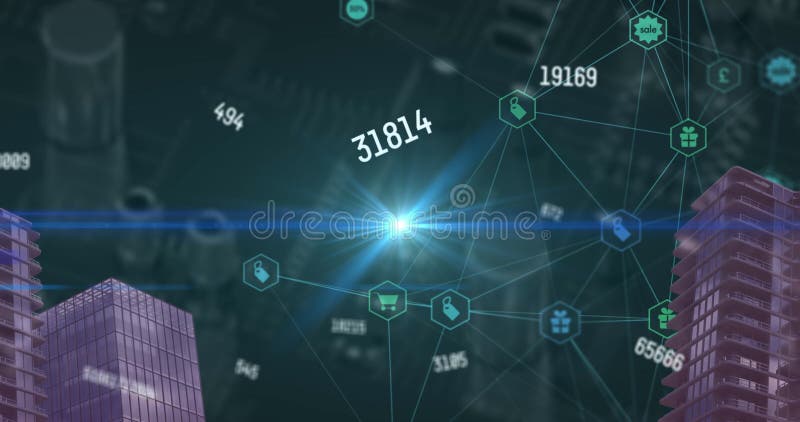 Image of Changing Numbers and Network of Digital Icons Against Closeup ...