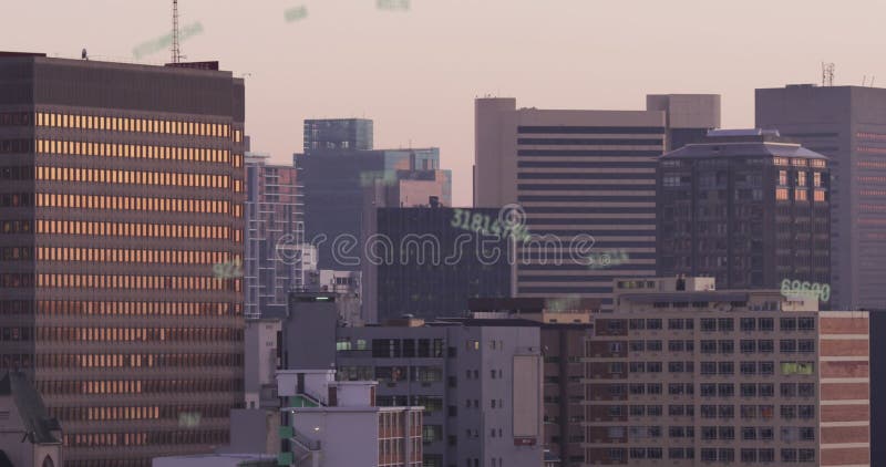 Image of Changing Numbers Over Aerial View of Modern City in Background ...