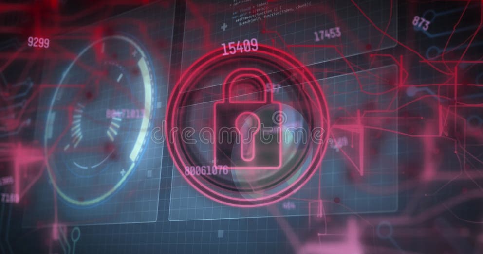 Image of Changing Numbers Over Security Padlock Icon Against Interface with Data Processing ...