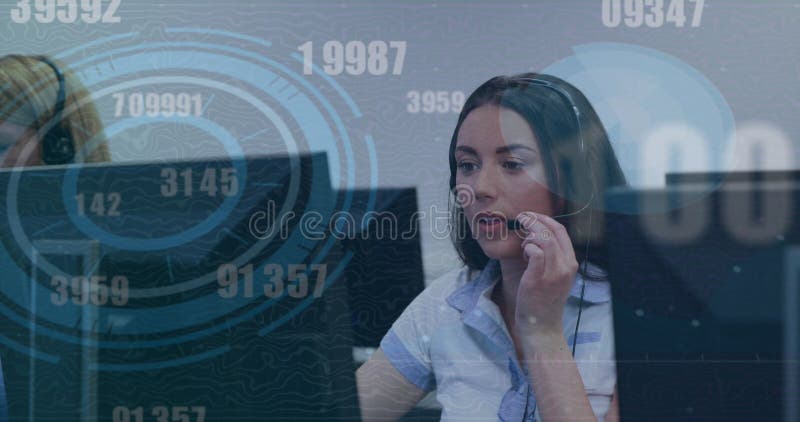 Image of Changing Numbers and Scanners Over Caucasian Woman Talking on ...