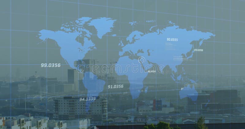 Image of Chart Over Map of World and Cityscape Stock Image - Image of ...