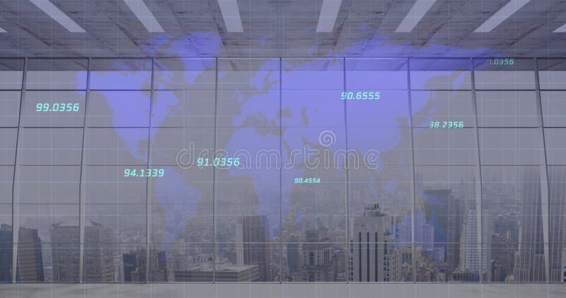 Image of Chart Over Map of World and Cityscape Stock Image - Image of ...