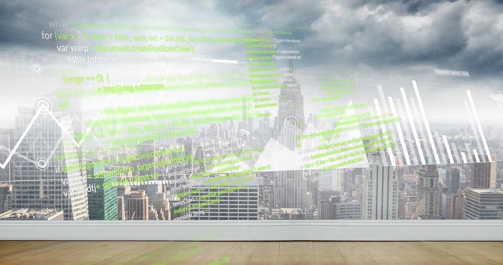 Image of Charts and Processing Data Over Cloudy Cityscape Stock Illustration - Illustration of ...