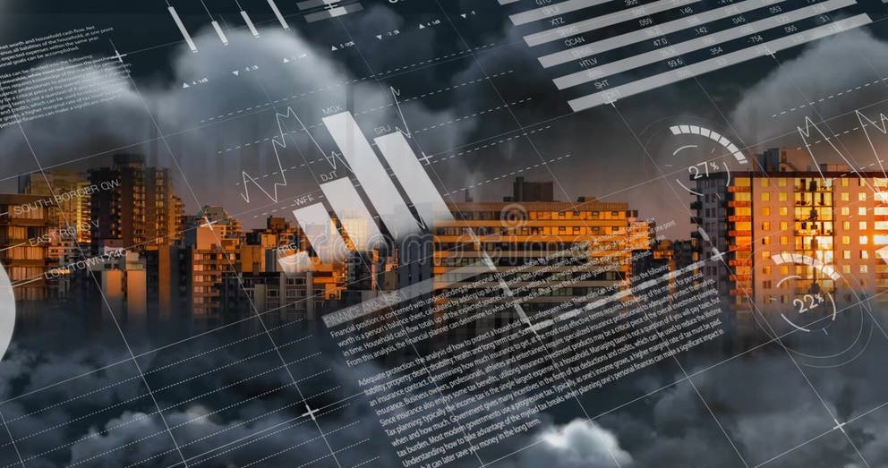 Image of Charts Processing Data Over Cloudy Sky and Sunset Cityscape ...