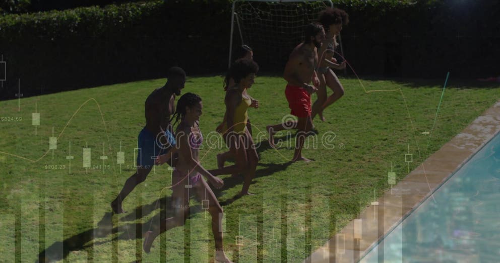 Image of Charts Processing Data Over Diverse Friends Jumping into Sunny ...