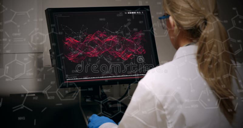 Image of Chemical Formulas Over Back View of Caucasian Female Lab ...