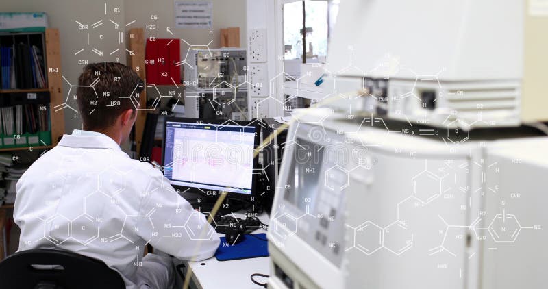 Image of Chemical Formulas Over Back View of Caucasian Male Lab Worker ...