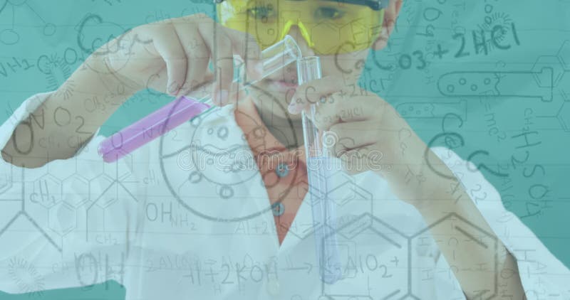 Image of Chemistry Data and Drawings Over Boy Using Test Tubes in ...