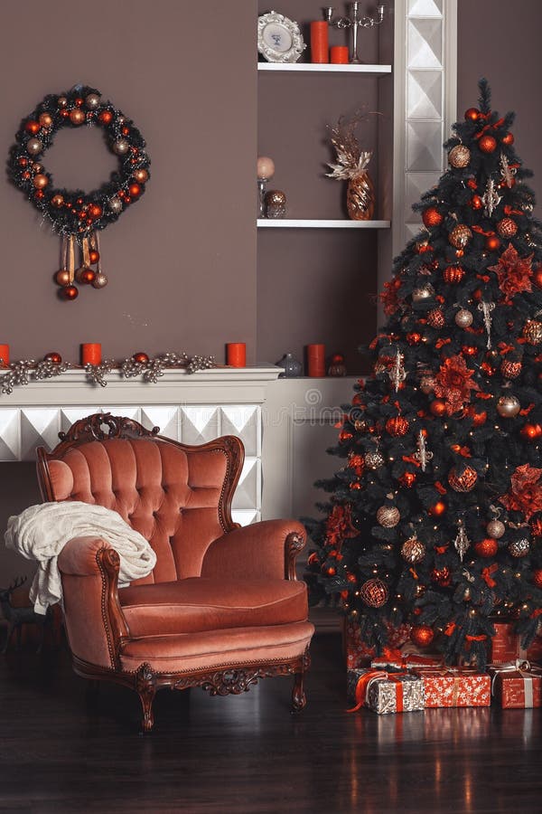 Chimney and Decorated Xmas Tree with Gift Stock Photo - Image of season ...