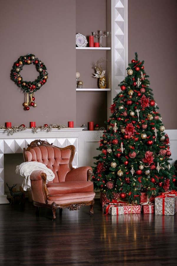 Chimney and Decorated Xmas Tree with Gift Stock Photo - Image of season ...