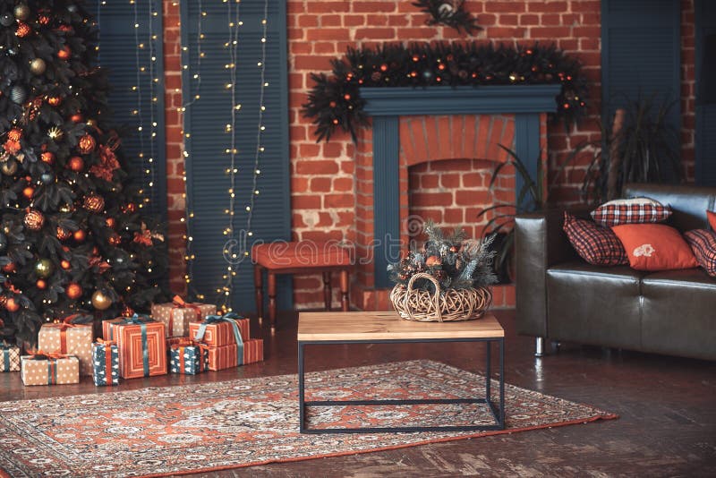 Image of Chimney and Decorated Christmas Tree with Gift. Stock Image ...