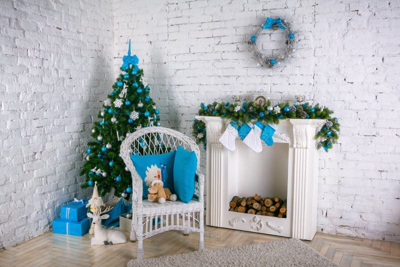 Chimney and Decorated Xmas Tree with Gift Stock Photo - Image of season ...