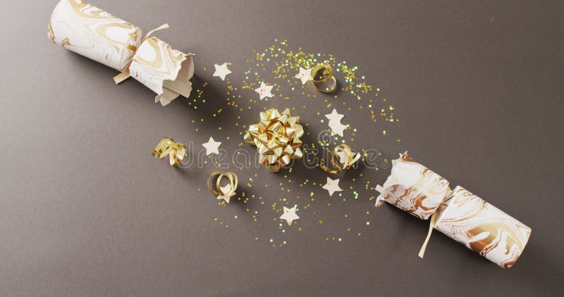 Image of Christmas Crackers, Stars and Decoration on Grey Background ...