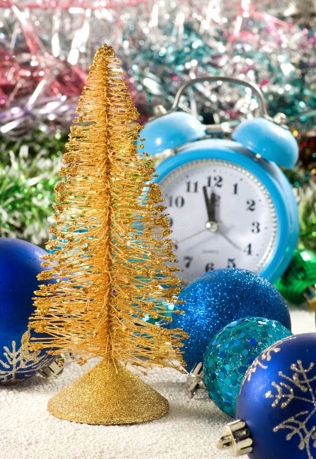Image of Christmas Decorations, Alarm Clock and Stylized Christmas Tree ...