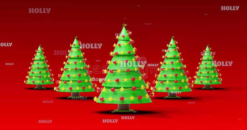 Image of Christmas Holly Text Over Christmas Trees on Red Background ...
