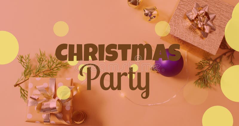 Image of Christmas Party Text Over Christmas Decorations Stock Image ...