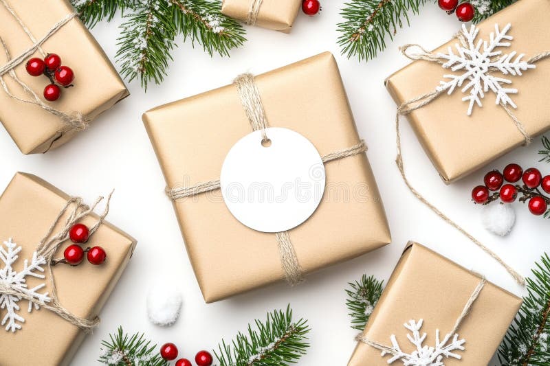An Image of a Christmas Present with a Round Blank Gift Tag, Mockup ...