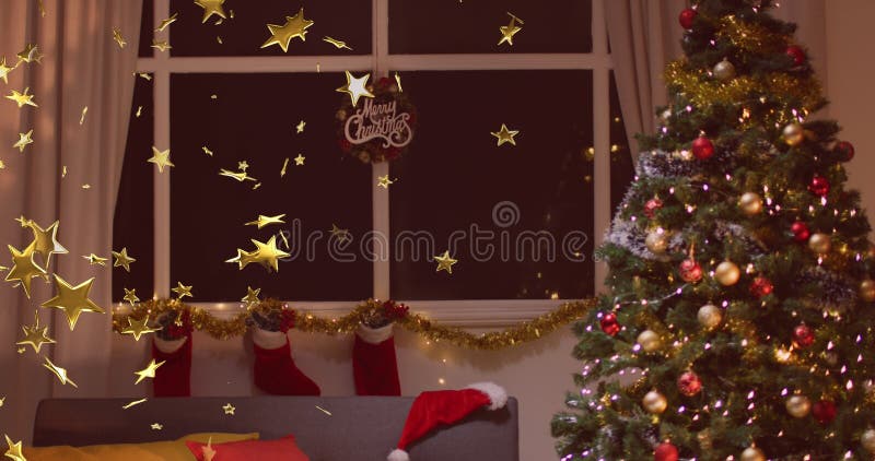 Image of Christmas Stars Falling Over Window and Christmas Tree Stock ...