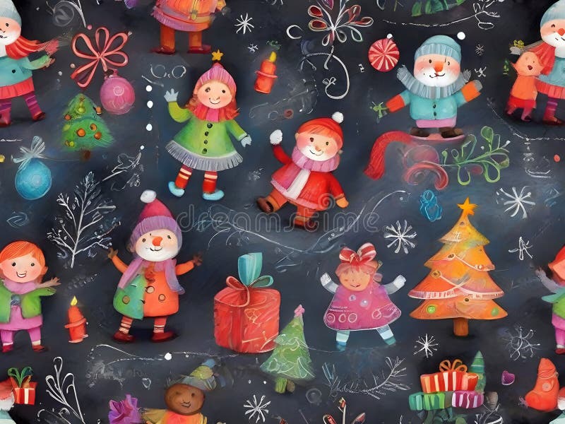 Image of the Christmas Theme Drawing with Chalk by Children in Colors ...