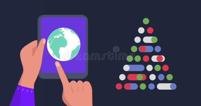 Image of Christmas Tree and Tablet with Globe on Black Background Stock ...