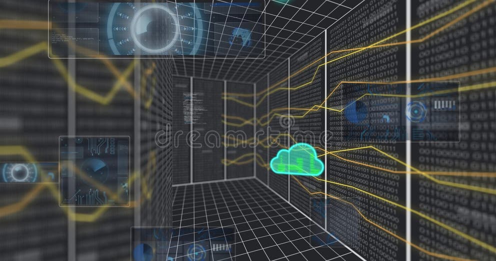 Image of Circles, Clouds, Lines Moving, Computer Language, Binary Codes on Model of Server Room ...