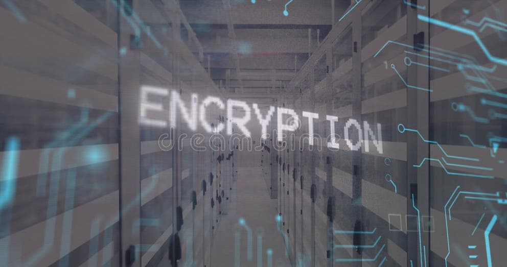 Image Of Circuit Board Pattern Around Binary Codes And Encryption Text Over Server Room Stock