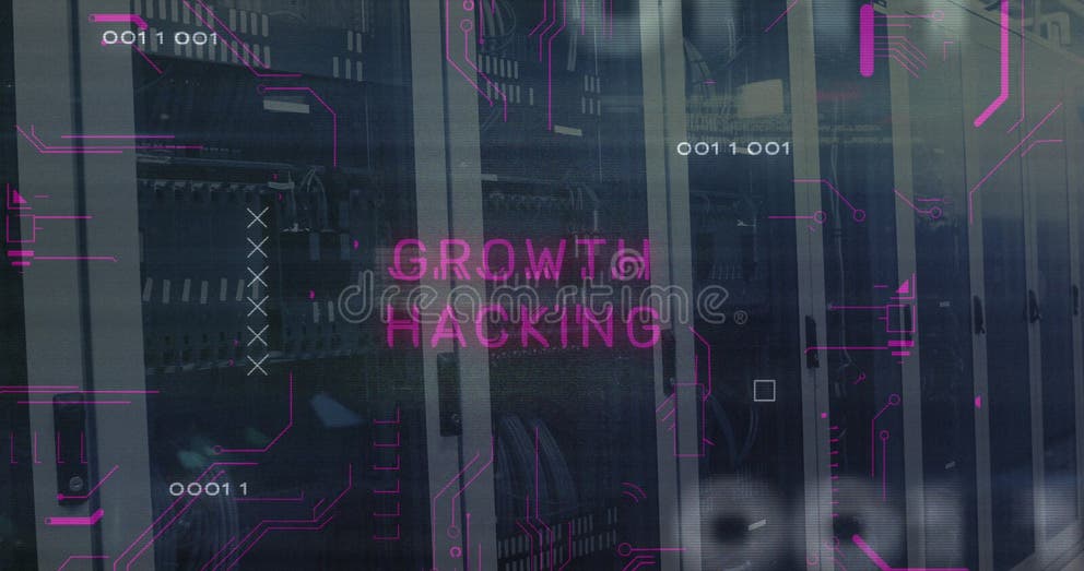 Image of Circuit Board Pattern Around Growth Hacking Text and Binary Codes Over Server Room ...