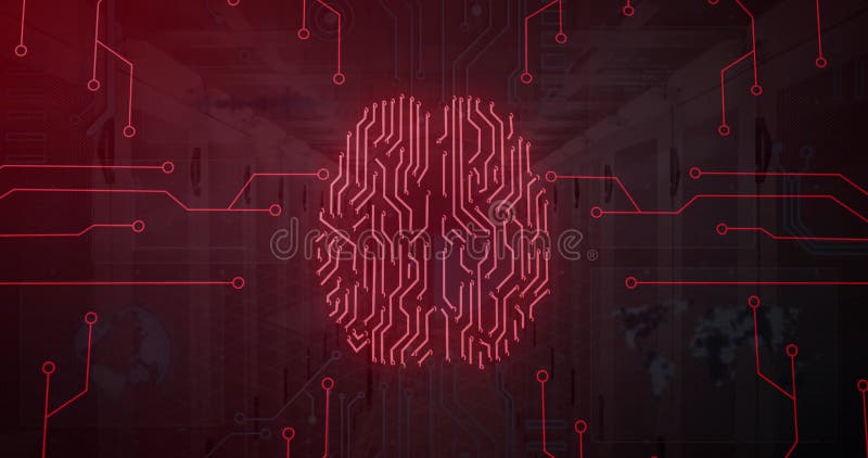 Image Of Circuit Board Pattern Brain Over Data Server Systems In Server Room Stock Illustration