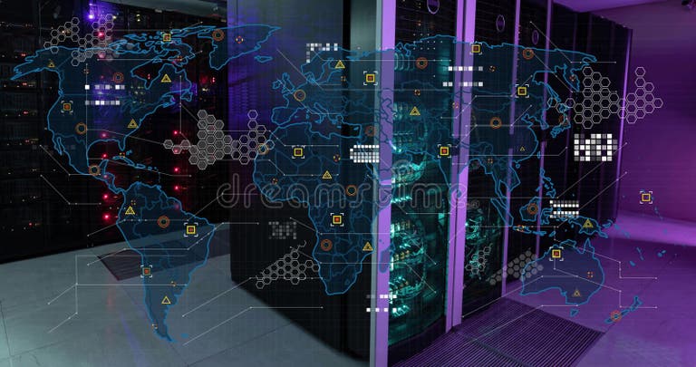 Image of Circuit Board Pattern on Map Over Data Server Racks in Server ...