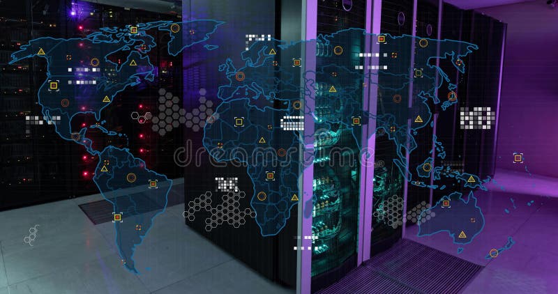 Image of Circuit Board Pattern on Map Over Data Server Racks in Server ...