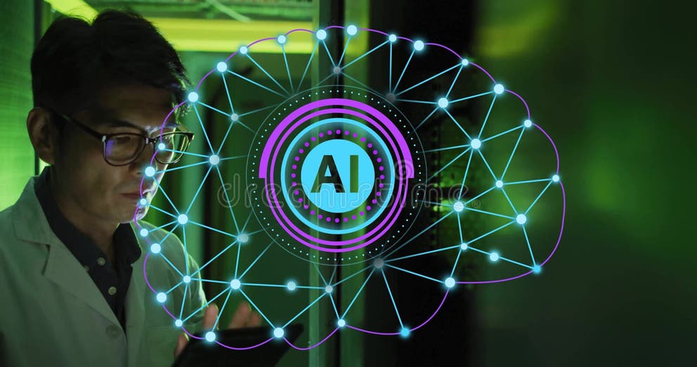 Image of Circular Ai Scanner and Brain Network Over Asian Male ...
