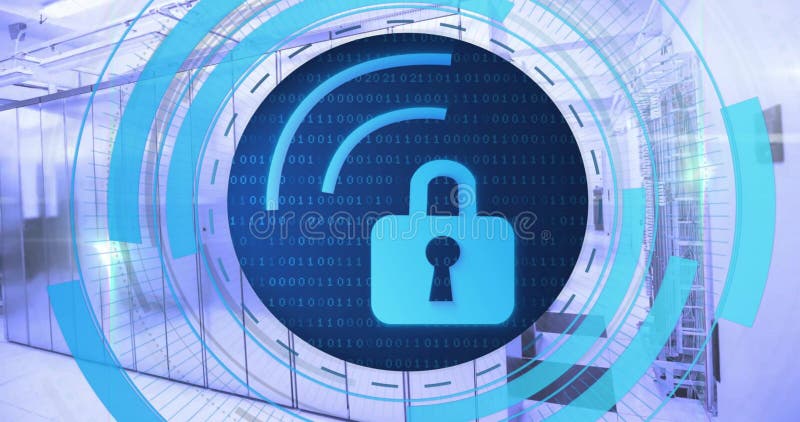 Image of Circular Scanner Processing Wifi with Padlock Icon Over Server ...