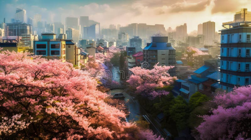 An Image of City with Cherry Blossoms. Generative AI Stock Illustration ...