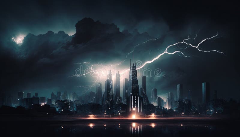 An Image of City with Lightning in the Sky. Generative AI Stock ...