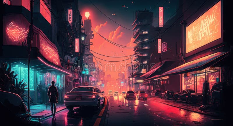 An Image of City Street at Night with Neon Lights. Generative AI Stock ...