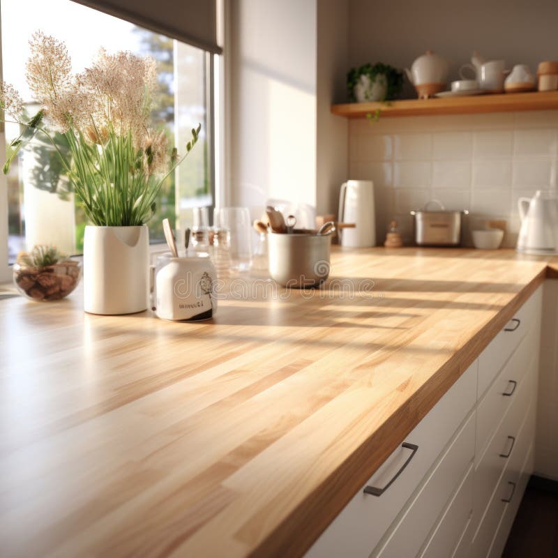 An Image of a Clean Kitchen with a Wooden Counter Stock Photo - Image ...