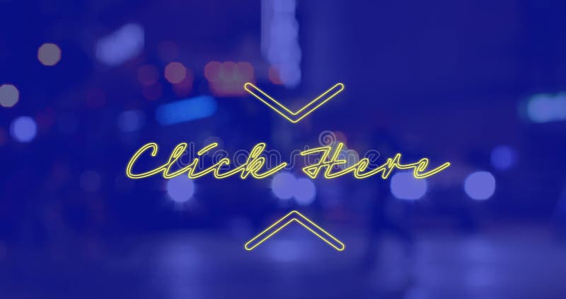 Image of Click Here Text Over Cityscape at Night on Blue Background ...