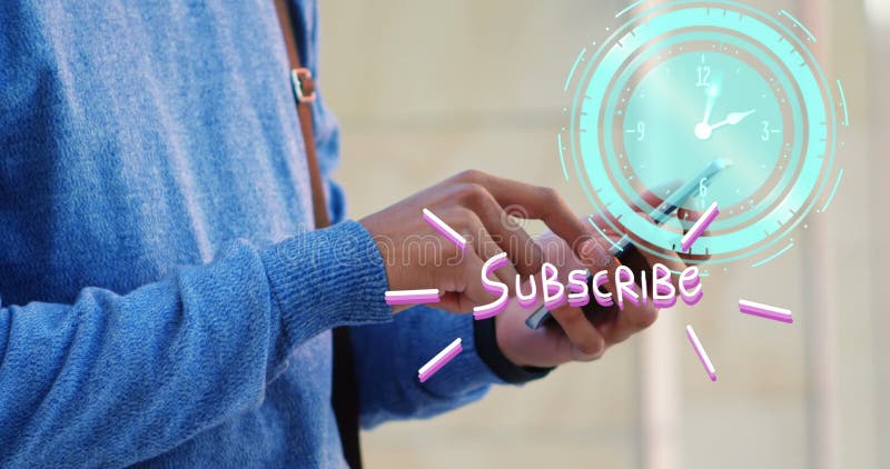 Image of Clock Moving and Subscribe Text Over Biracial Businessman ...