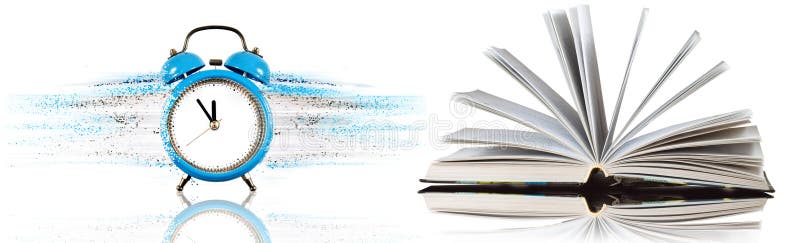 Image of a Clock with Particles Coming Off of it and a Book with Open ...