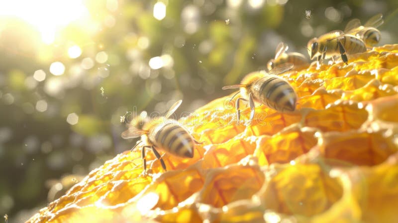 Golden Glow: Bees Buzzing Around a Honeycomb in the Sun Stock ...