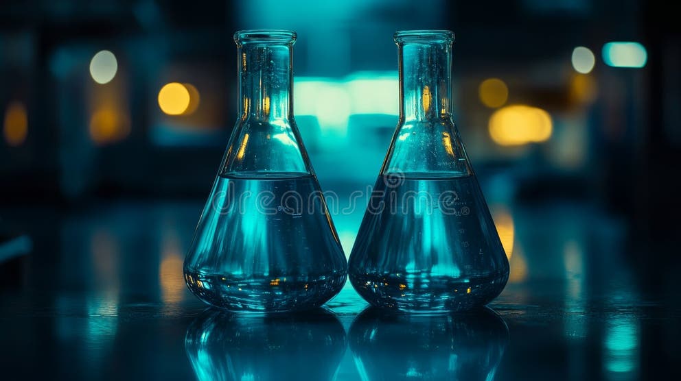 The Image is a Close-up of Lab Glassware, Featuring Clear Flasks and an ...