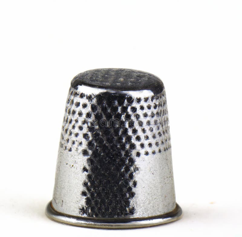 Image of Close Up of Silver Thimble and Copy Space on White Background ...