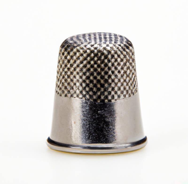 Image of Close Up of Silver Thimble and Copy Space on White Background ...